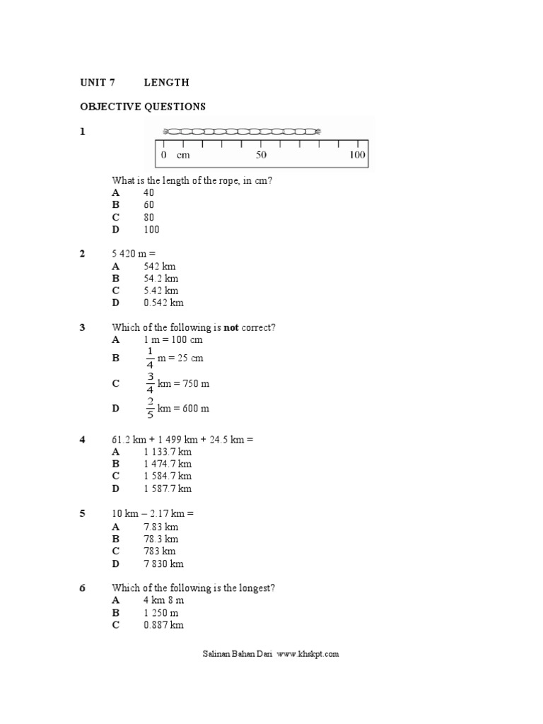 Unit 7 Length Objective Questions 1 | PDF | Teaching Mathematics | Nature