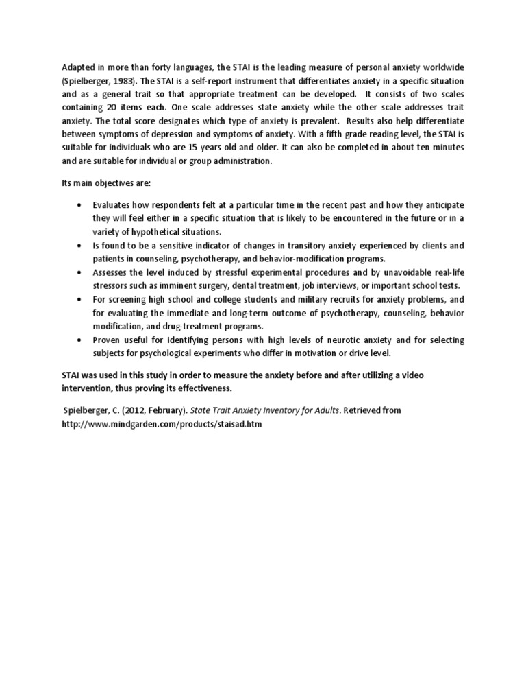 Overview of the STAI Anxiety Measure | PDF