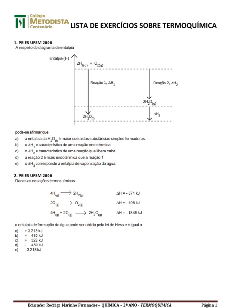 2º Ano - Lista de Exercícios Sobre Termoquímica | PDF | Autoajuda | Ciências e Matemática