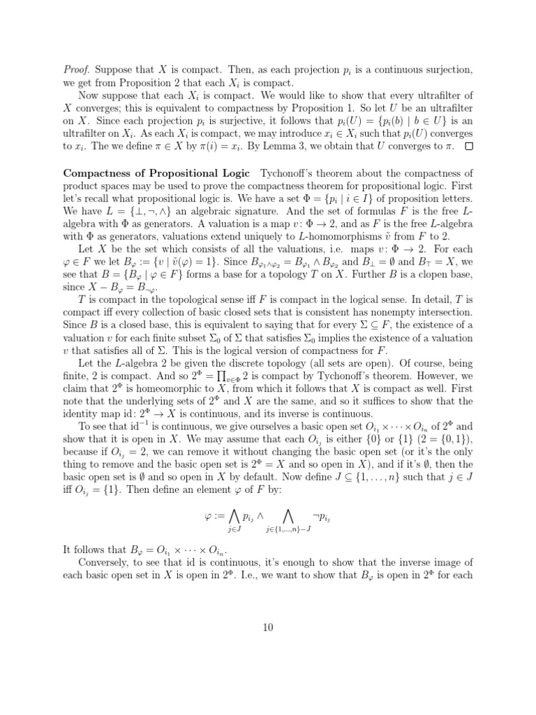 An Application of Tychonoff's Theorem, To Prove The Compactness Theorem ...