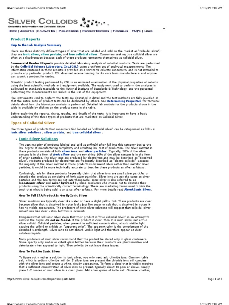 Silver Colloids - Colloidal Silver Product Reports | PDF | Silver | Colloid