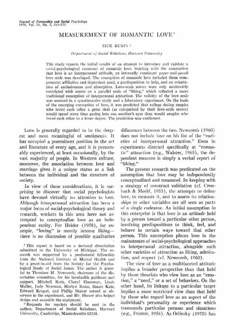 Measurement of Romantic Love - Z Rubin | PDF | Romance (Love ...