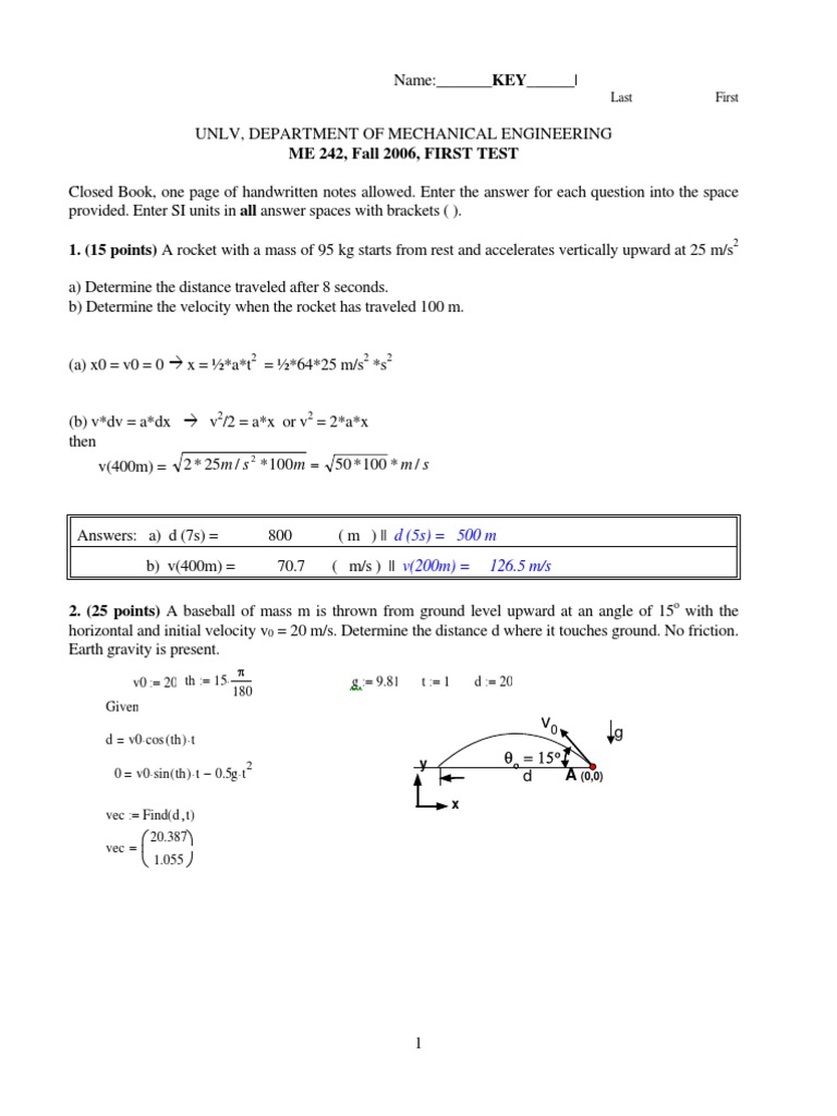 ME 242, Fall 2006, FIRST TEST | PDF | Angle | Velocity