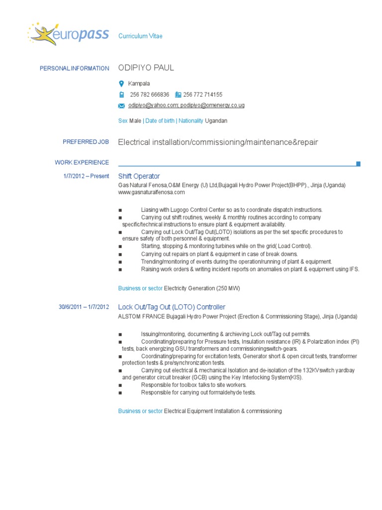 Europass CV 20130527 Odipiyo EN | PDF | Battery Charger | Electricity