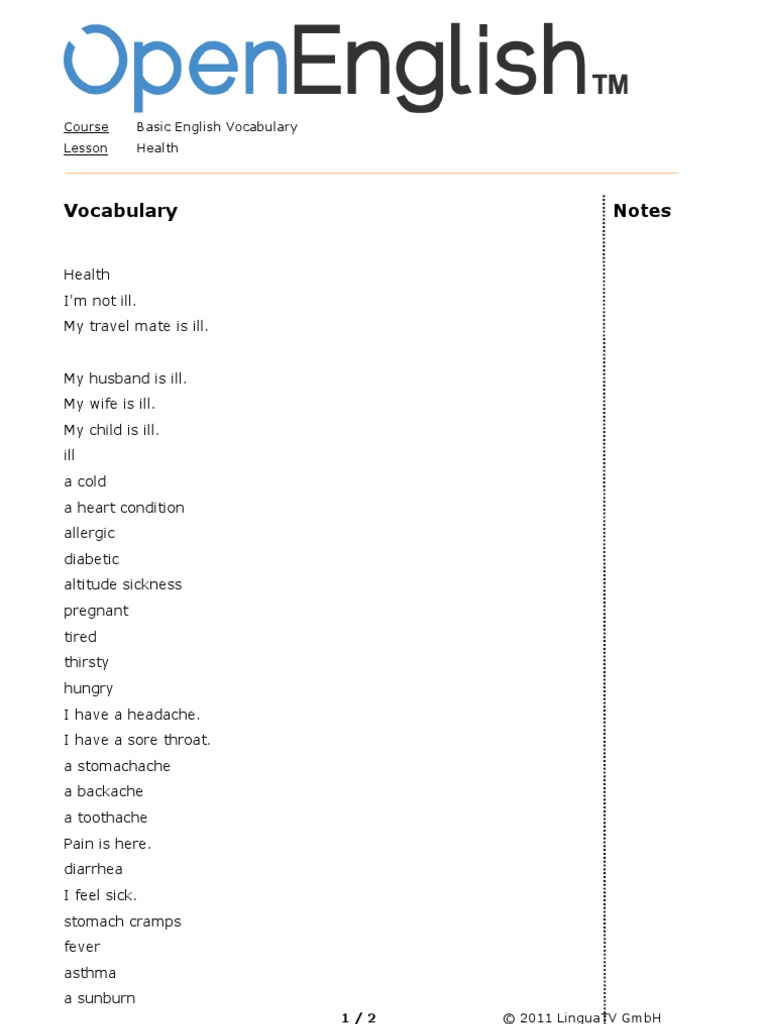 Vocabulary Notes: Course Basic English Vocabulary Lesson Health | PDF ...