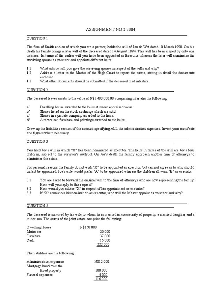 Assignment No 2 2004 | PDF | Executor | Will And Testament