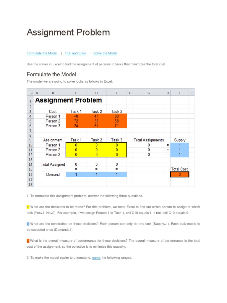 Assignment Problem Using Excel | Download Free PDF | Mathematics Of ...