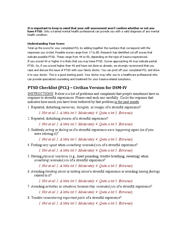 Civilian PTSD Checklist and Scoring | PDF | Posttraumatic Stress ...