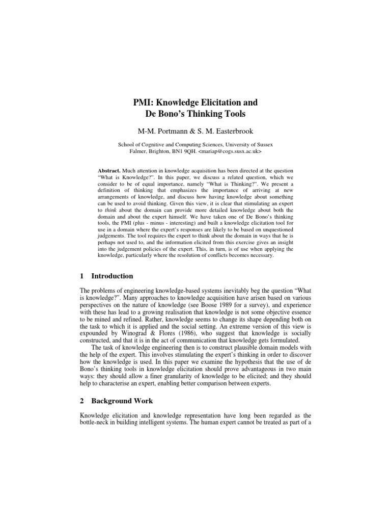 PMI: Knowledge Elicitation and de Bono's Thinking Tools: M-M. Portmann ...