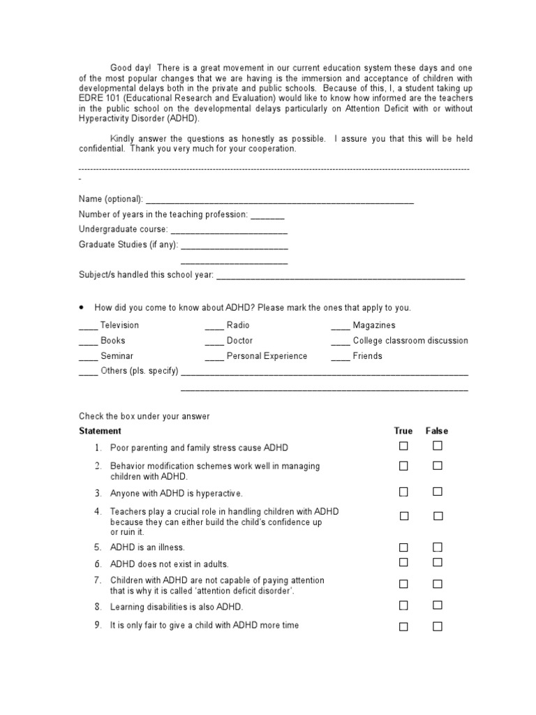 Public School Teachers Awareness On ADHD Survey Form | PDF | Attention ...