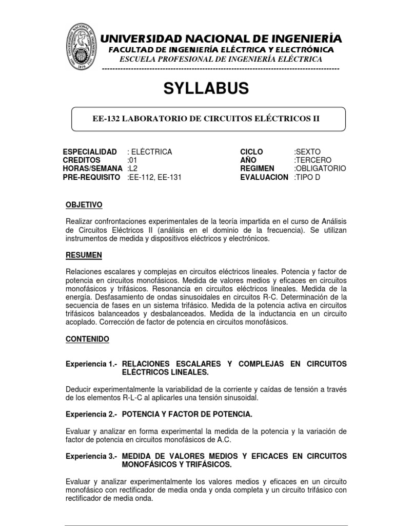 Ee-132 Laboratorio de Circuitos Electricos II | Descargar gratis PDF | Energia electrica | Red ...