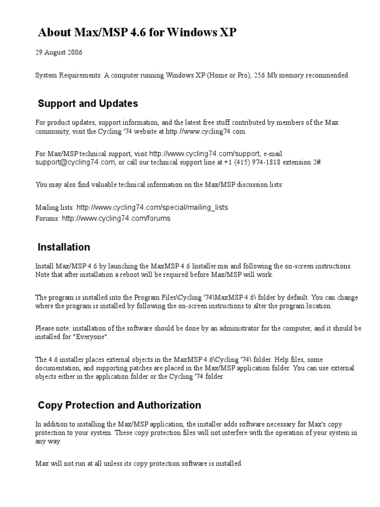 Max/MSP 4.6 Installation Guide for XP | PDF
