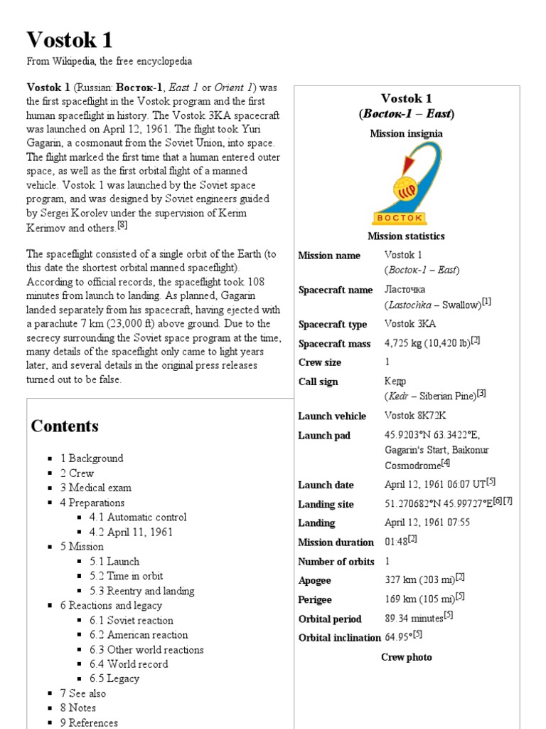 Vostok 1 - Wikipedia, The Free Encyclopedia | PDF | Spaceflight | Human ...