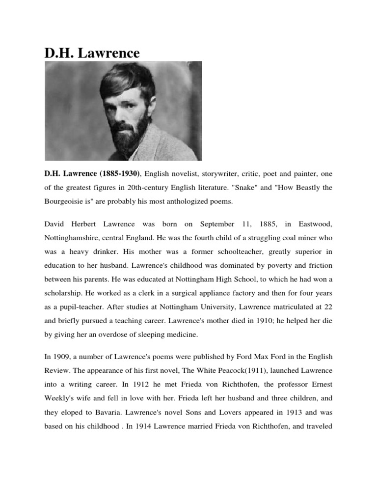 D.H. Lawrence (1885-1930), English Novelist, Storywriter, Critic, Poet ...