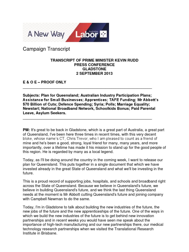 Campaign Transcript | PDF | Kevin Rudd | Apprenticeship