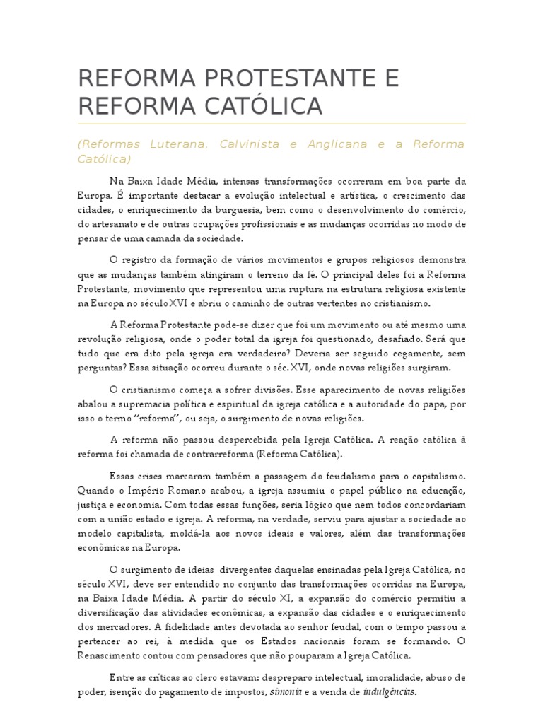 Reforma Protestante e Contrarreforma Católica | PDF | Martinho Lutero ...