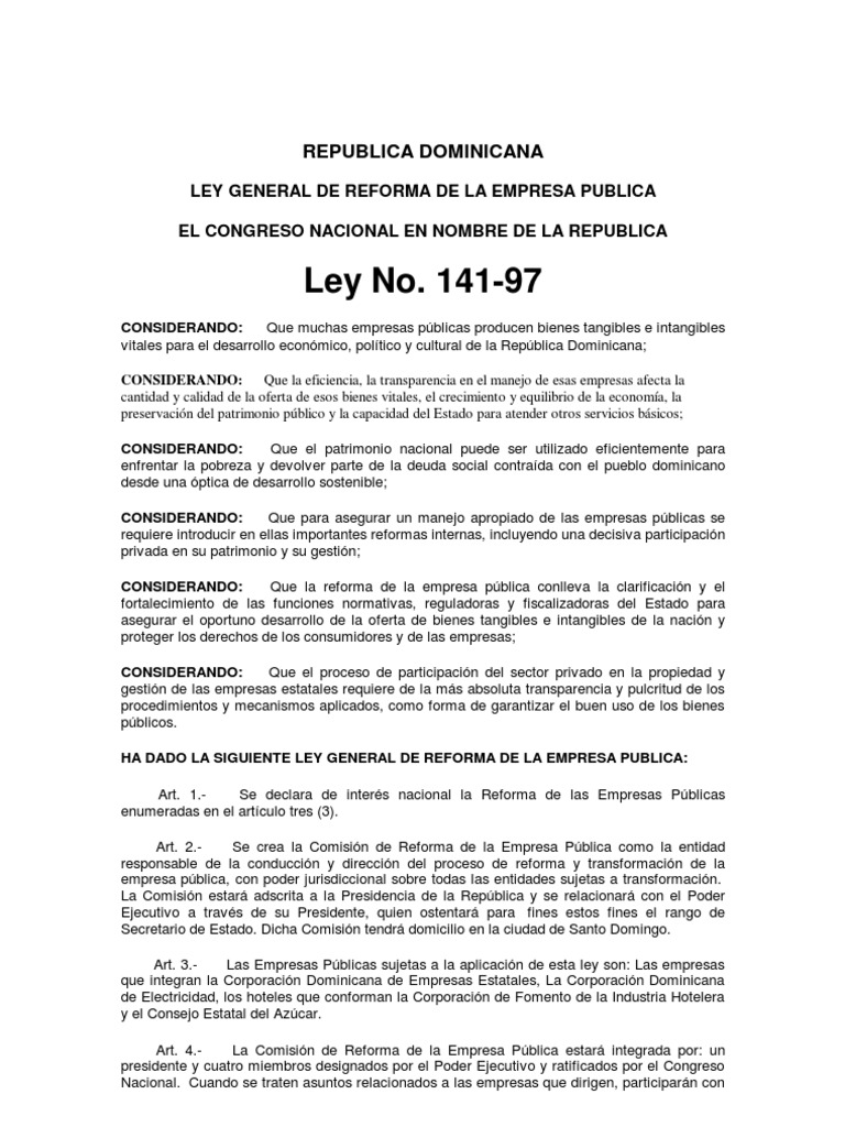 Ley General de Reforma de La Empresa Pública No. 141-97 | PDF | Empresa ...