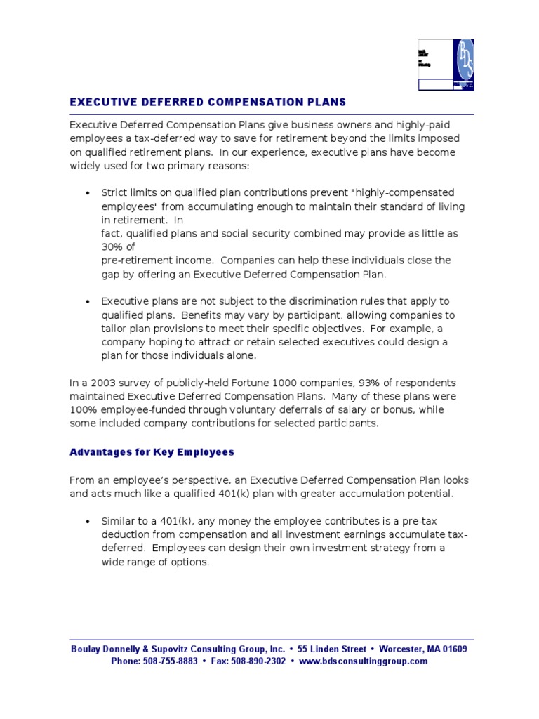 Executive Deferred Comp Plan | PDF | Deferred Compensation | 401(K)