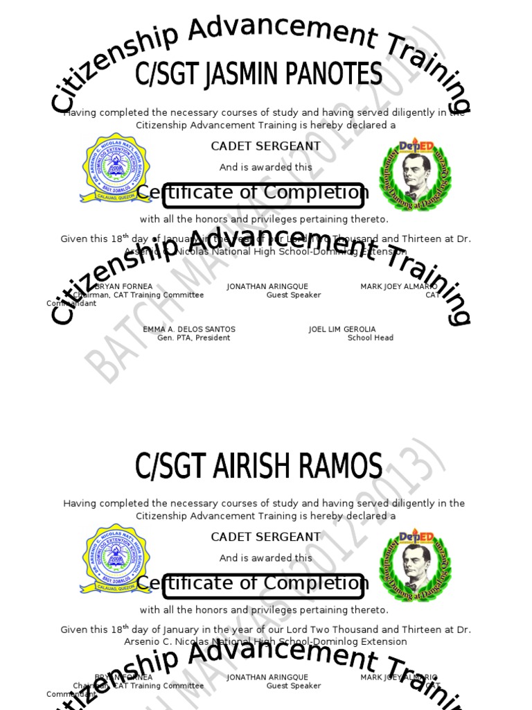 Certificate of Completion: Cadet Sergeant | PDF | Uniformed Services Of ...