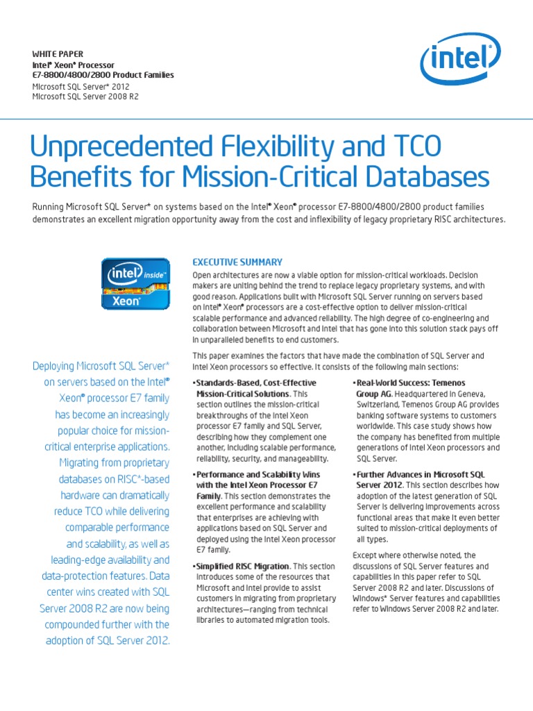 SQL Server 2012 Intel Flexibility and TCO Benefits For Mission Critical Databases White Paper ...