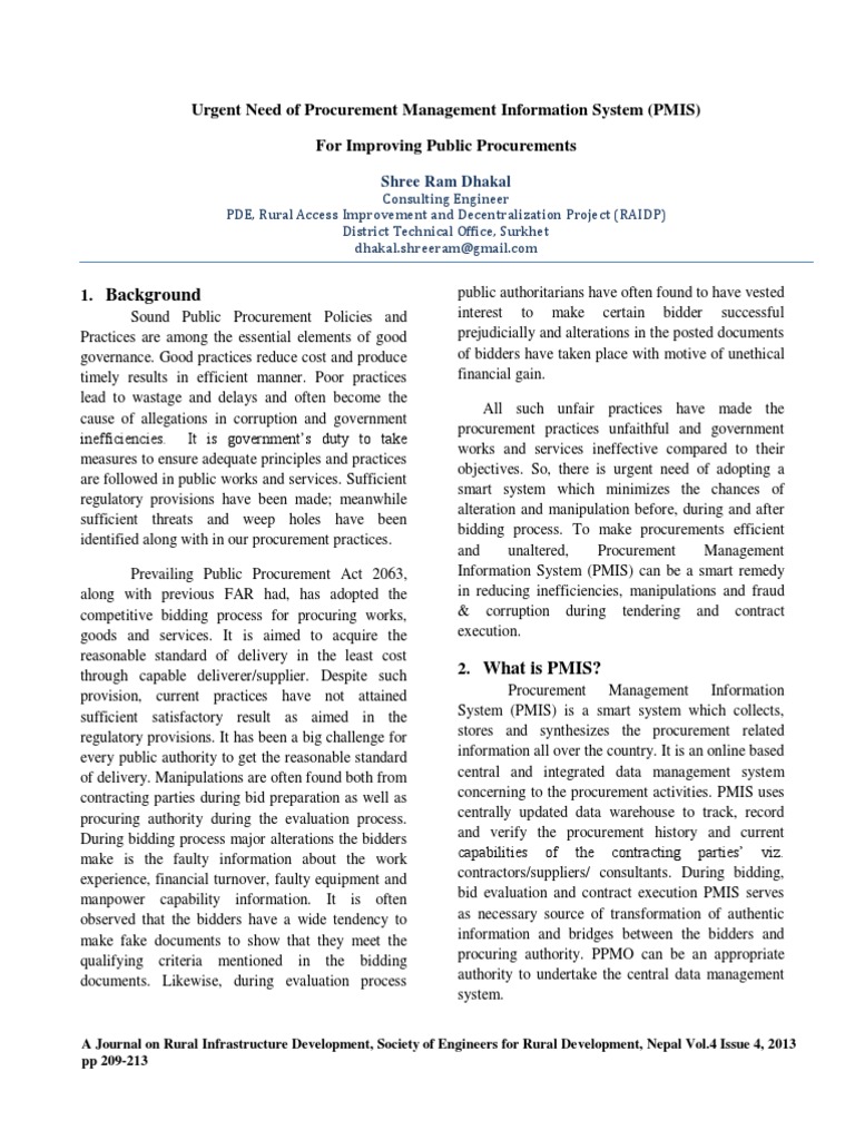 Urgent Need of Procurement Management Information System (PMIS) For ...