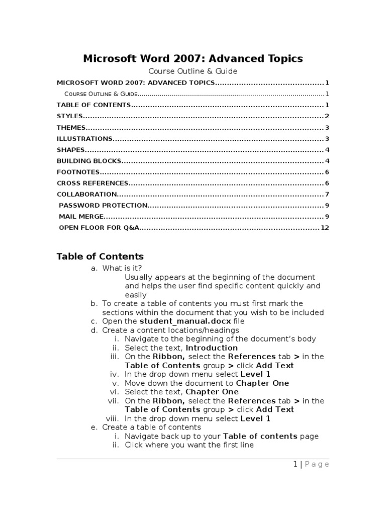 Microsoft Word 2007: Advanced Topics: Ourse Utline Uide | PDF