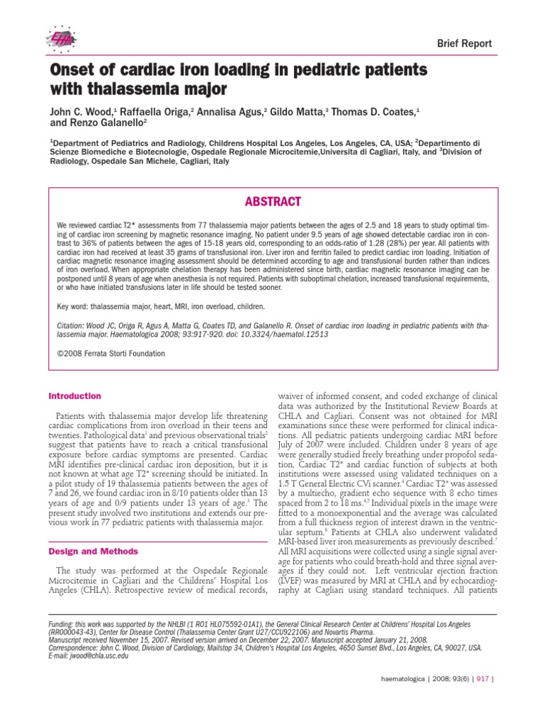 Onset of Cardiac Iron Loading in Pediatric Patients With Thalassemia ...