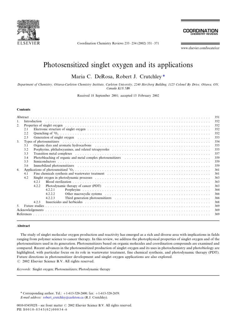 Photosensitized Singlet Oxygen and Its Applications: Maria C. Derosa ...