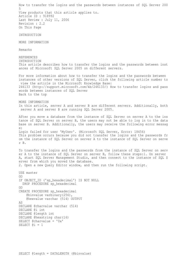 SP - Help - Revlogin Script For Logins | PDF | Microsoft Sql Server ...