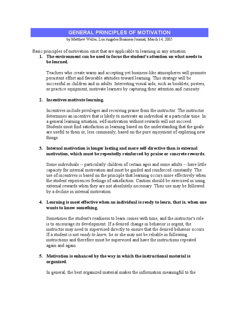 General Principles of Motivation: by Matthew Weller, Los Angeles ...