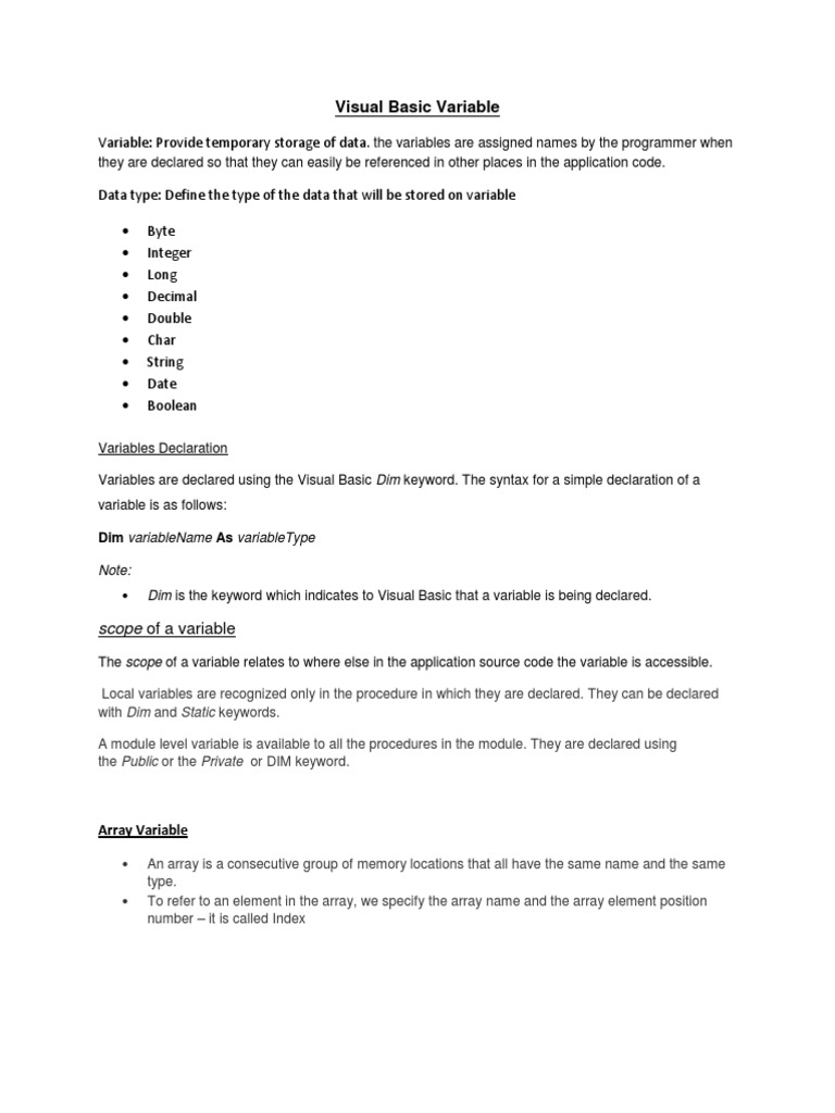 Visual Basic Variable Variable Provide Temporary Storage Of Data Pdf Variable Computer