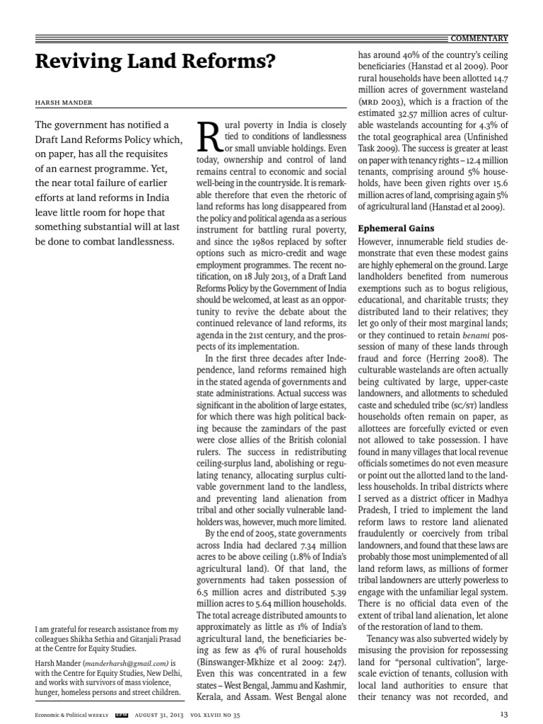 Reviving Land Reforms | PDF | Land Reform | Rural Poverty