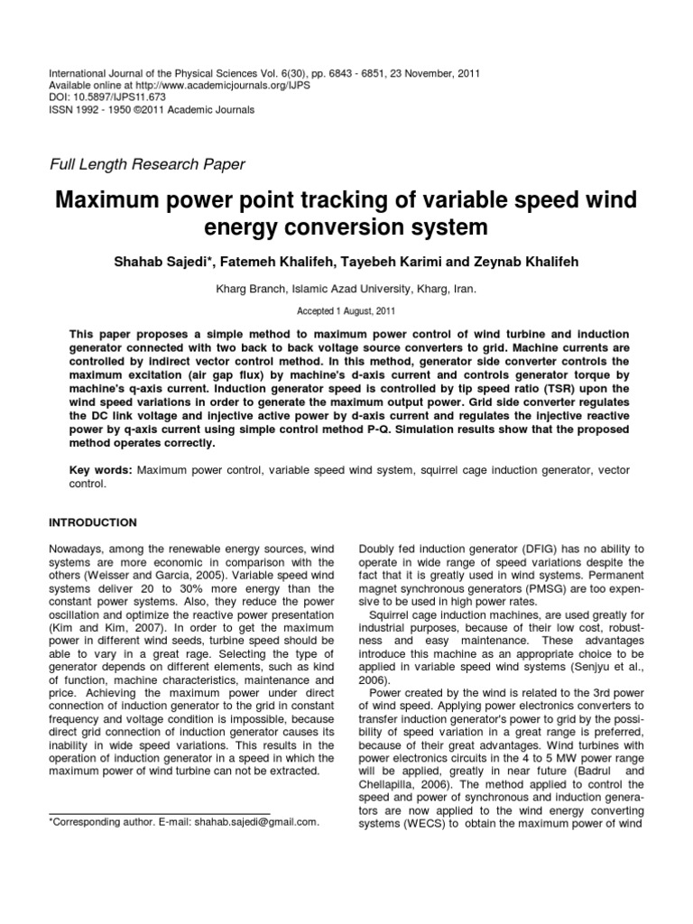 Maximum Power Point Tracking of Variable Speed Wind Energy Conversion System | PDF | Wind Power ...