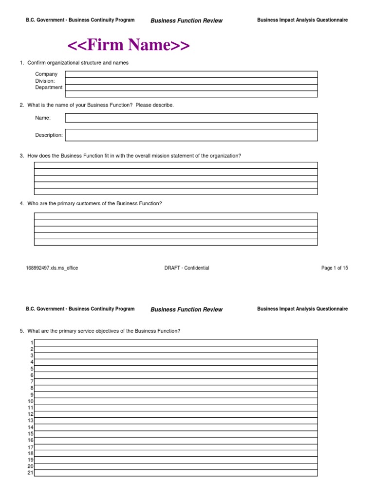 BIA - Type 1.xls | Business Continuity | Business Process