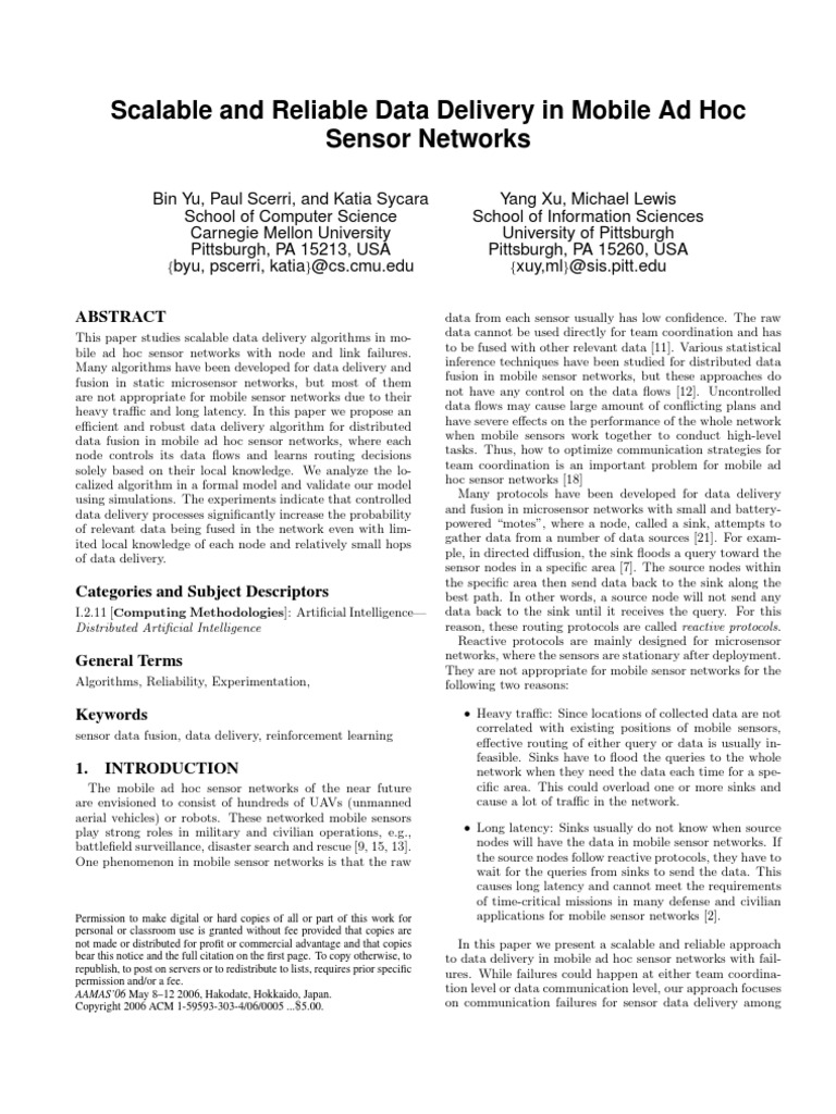 Scalable and Reliable Data Delivery in Mobile Ad Hoc Sensor Networks | PDF | Wireless Ad Hoc ...