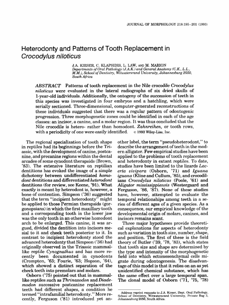 Heterodonty and Patterns of Tooth Replacement in Crocodylus Niloticus ...