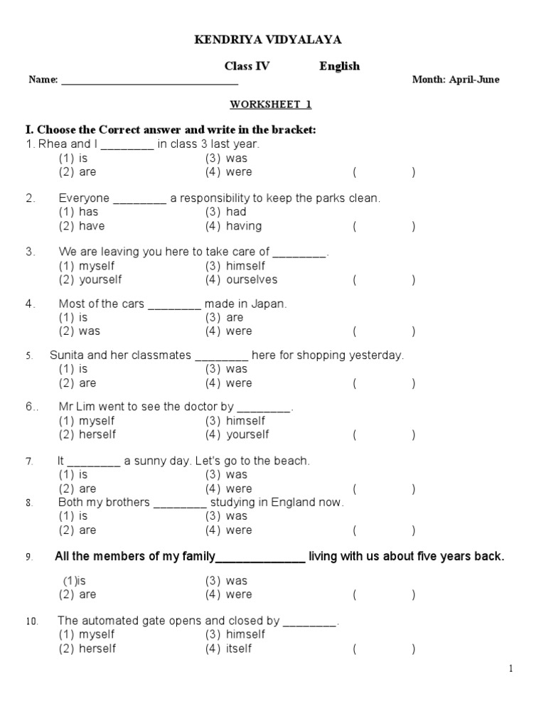 Kendriya Vidyalaya Class Iv English: Worksheet 1 | PDF | Language Arts ...
