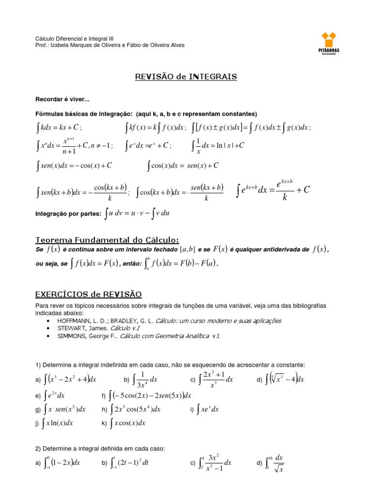 Integrais Duplas - Revisão Integrais Simples | PDF | Integrante | Cálculo