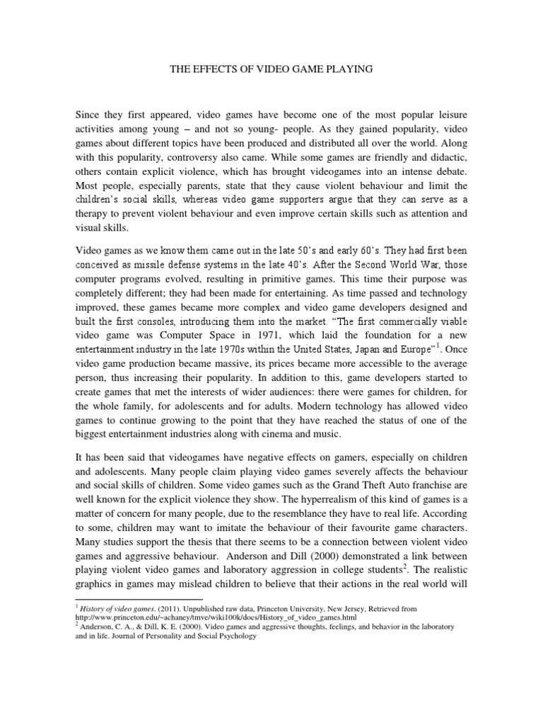 The Effects of Video Game Playing (Essay) | PDF | Video Games | Violence