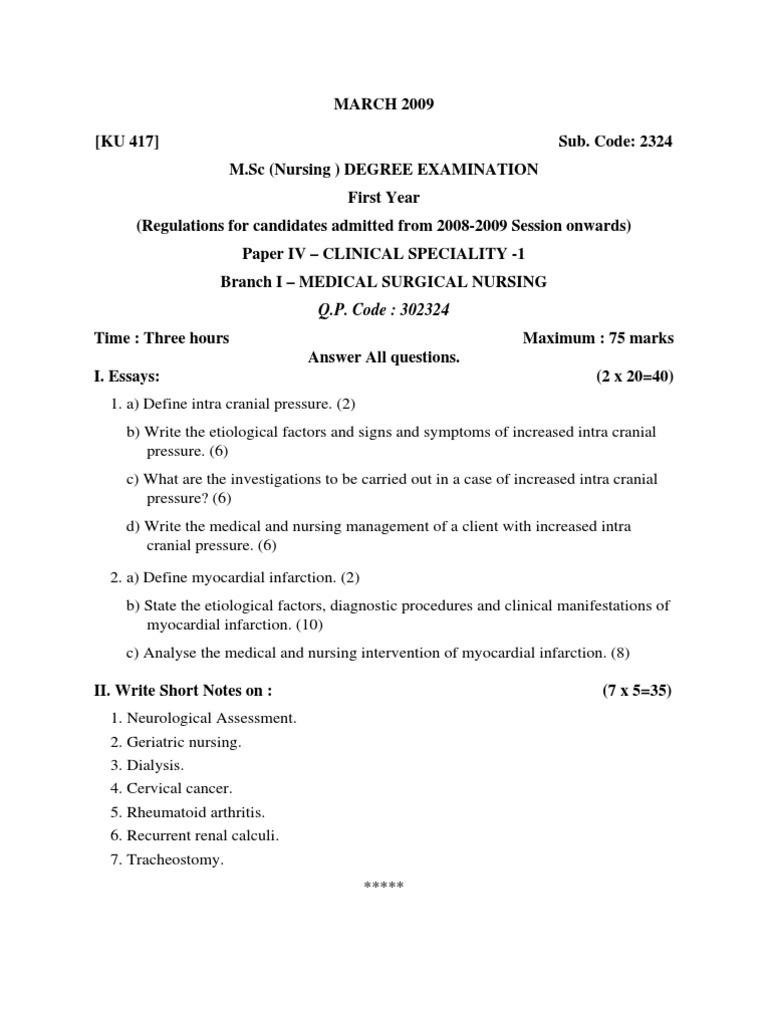 MSC Question Paper | PDF | Nursing | Physical Therapy