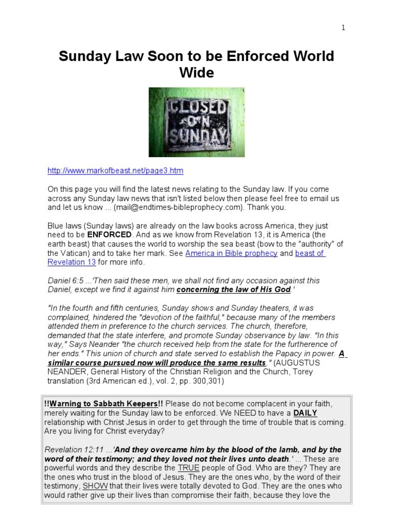Sunday Law Soon to Be Enforced World Wide | Sabbath | The Beast ...