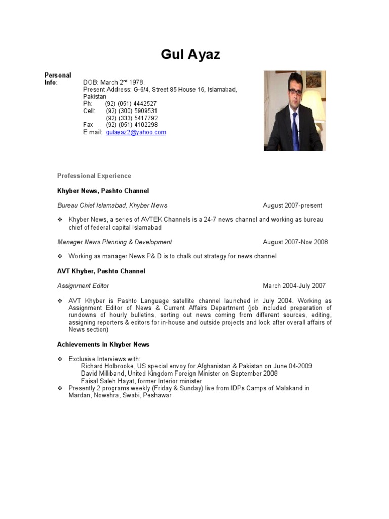 Gul Ayaz Resume-CV | PDF | Khyber Pakhtunkhwa | Peshawar