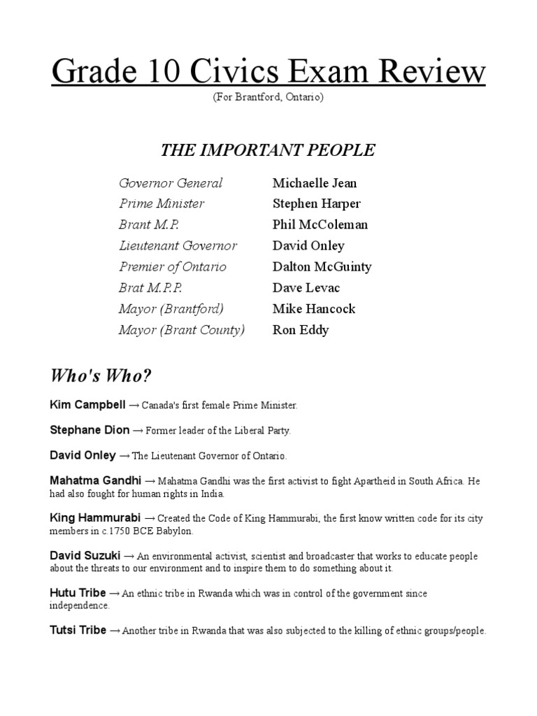 Grade 10 Civics Exam Review Guide | PDF | Member Of Parliament ...