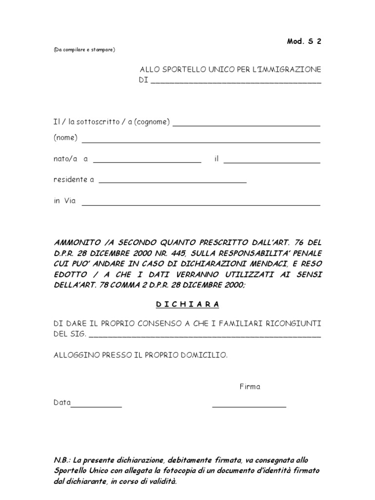 Ricongiungimento Mod. S2 | PDF