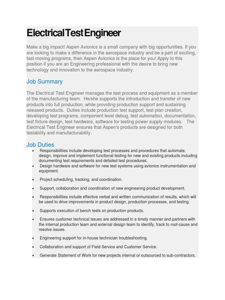 Electrical Test Engineer | PDF | Engineer | Software Testing