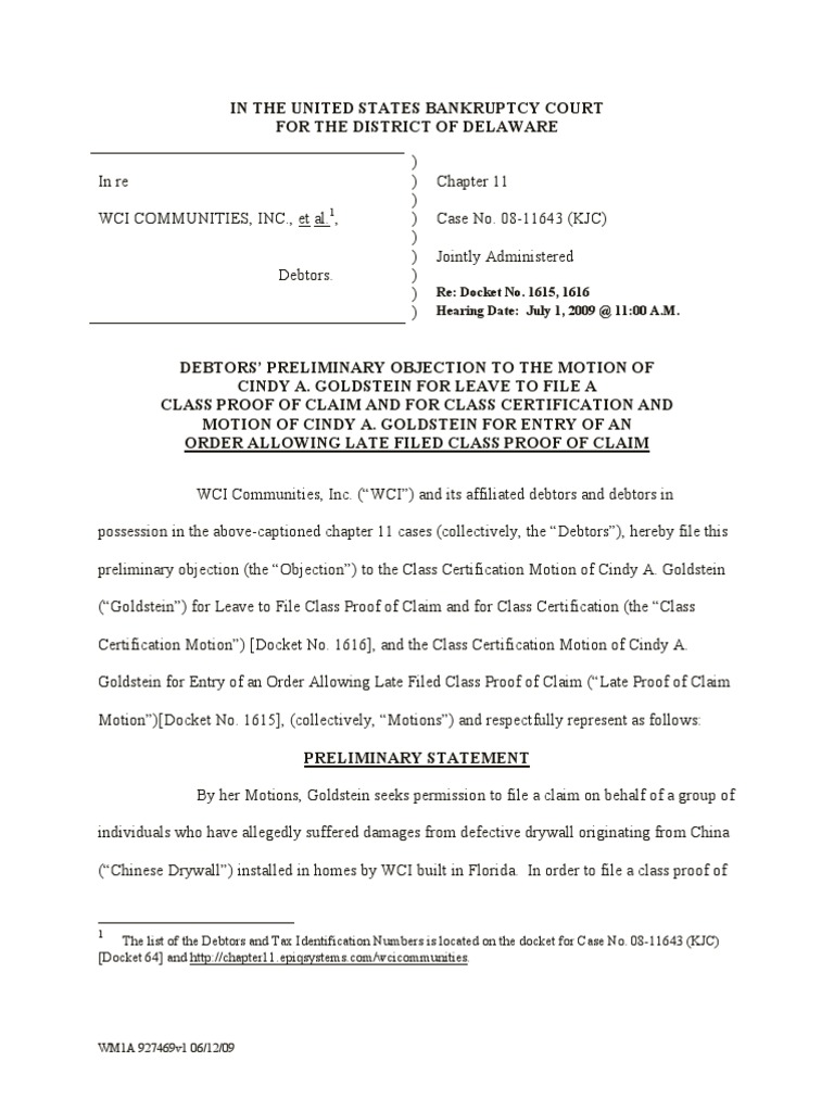 WCI Bankruptcy - Debtors Preliminary Objections to Motion for Leave to ...