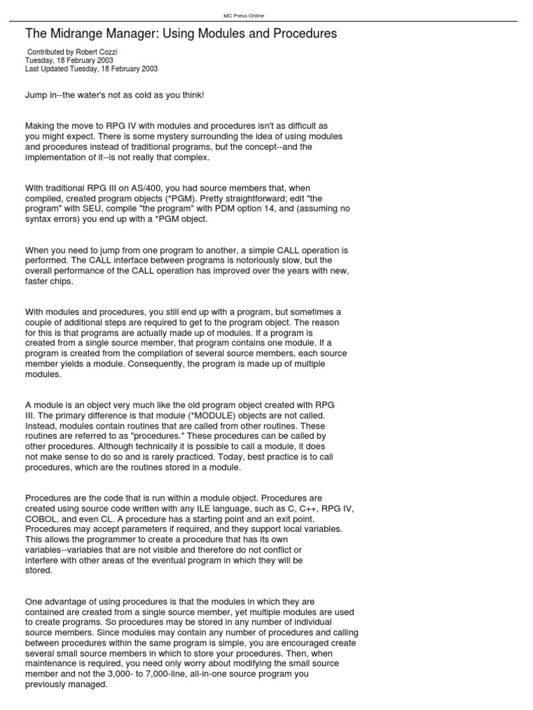 RPG IV Modules & Procedures Guide | PDF | Modular Programming | Subroutine