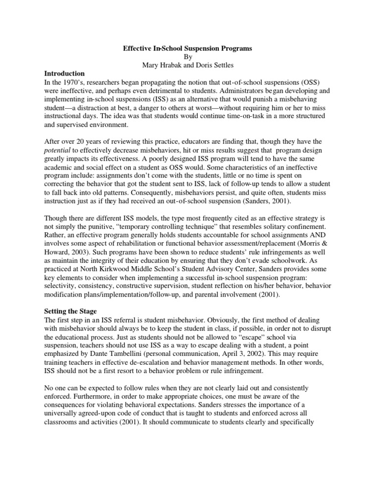 In School Suspension | PDF | Teachers | Behavior