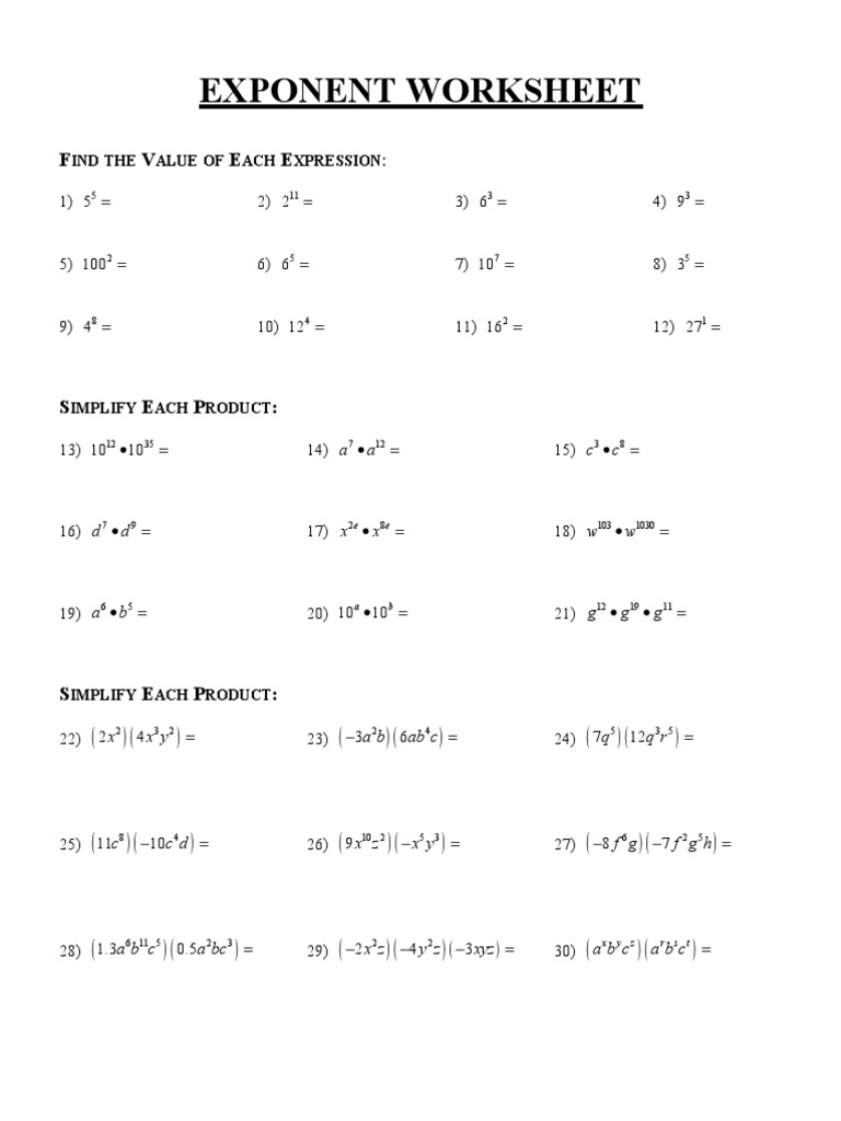Worksheets On Exponents | PDF