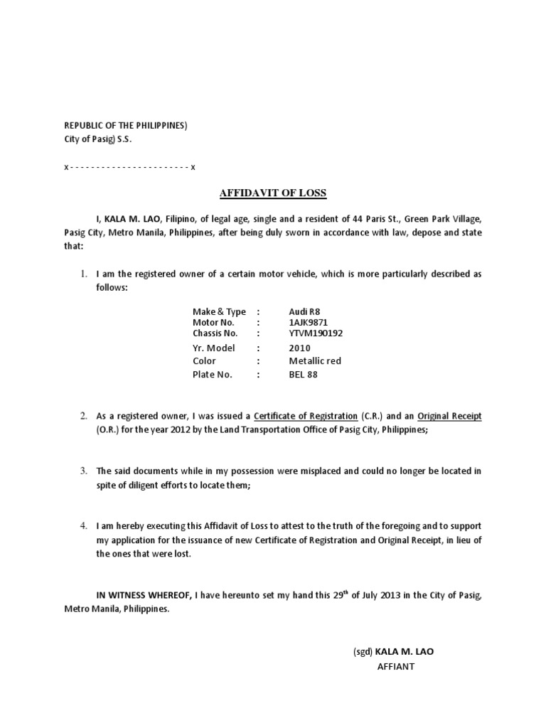 Affidavit of Loss | Affidavit | Philippines
